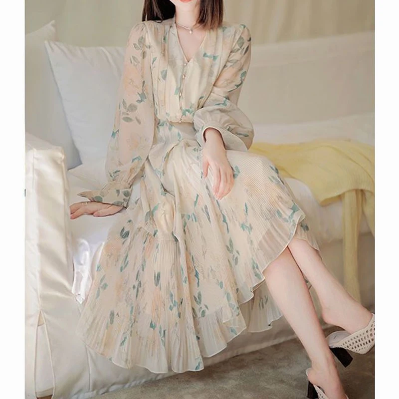 Spring-Summer-New-V-neck-Fashion-Long-Sleeve-Midi-Dress-Women-High ...