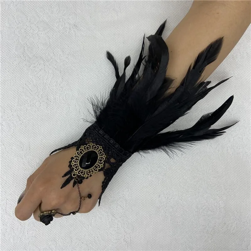 Halloween Feather Lace Gloves Fingerless Mittens Goth Dresses for Prom ...