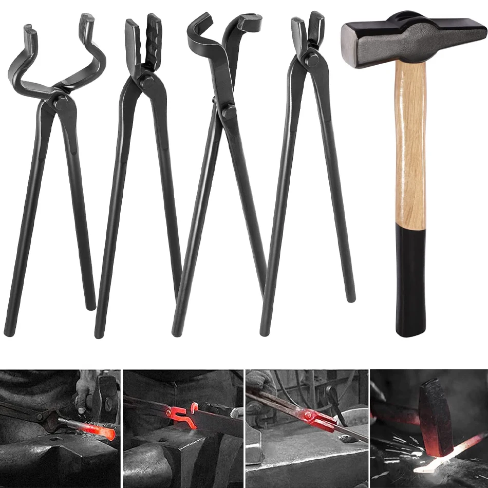 TML-5Pcs-Blacksmith-Tongs-Tools-Set-Handmade-Blacksmiths-Hammer ...