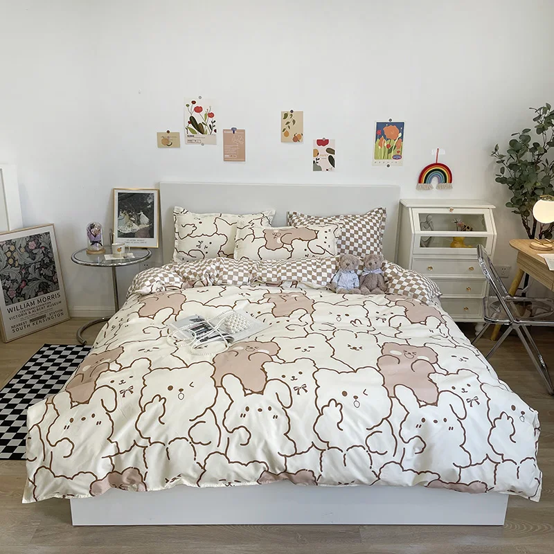 Kawaii-Little-Bear-Printed-Bed-Set-Floral-Duvet-Cover-Pillowcase ...