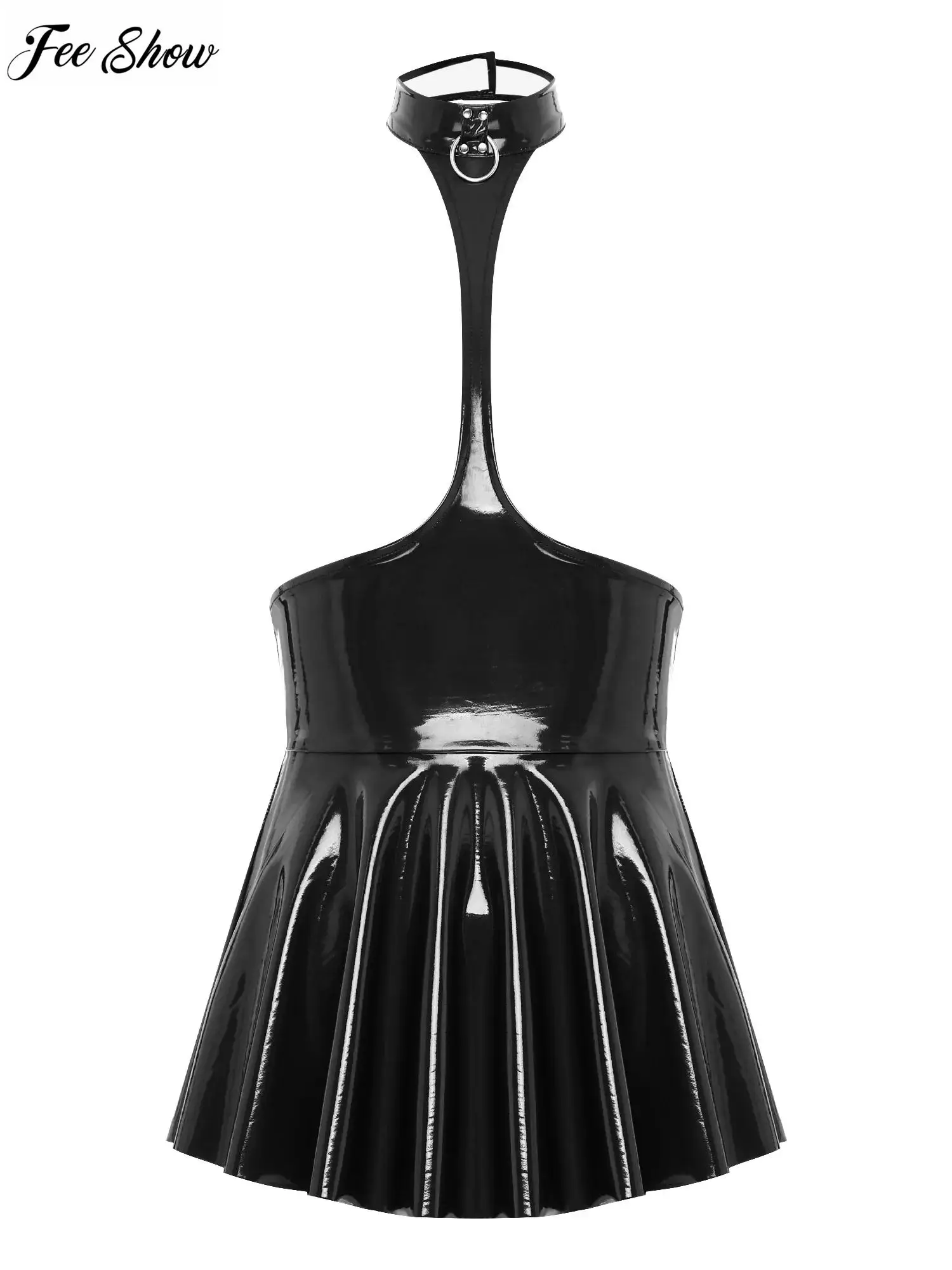 Womens-Open-Chest-Halter-Ruffled-Dress-Wet-Look-Patent-Leather ...