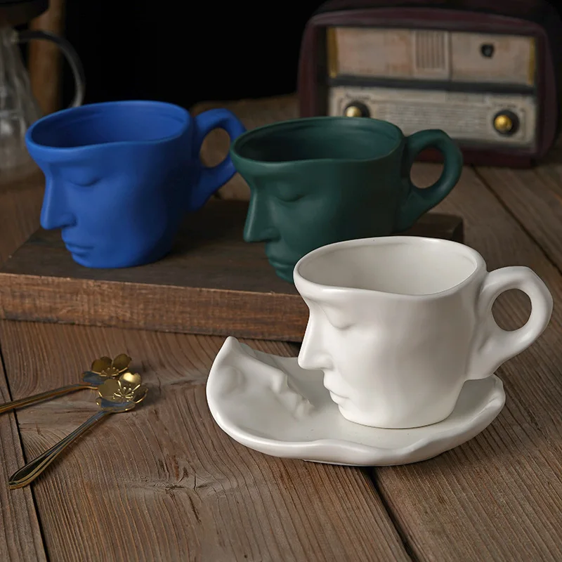 Ceramic-Mug-and-Saucer-Set-with-Spoon-Creative-Abstract-Art-Design-Face ...