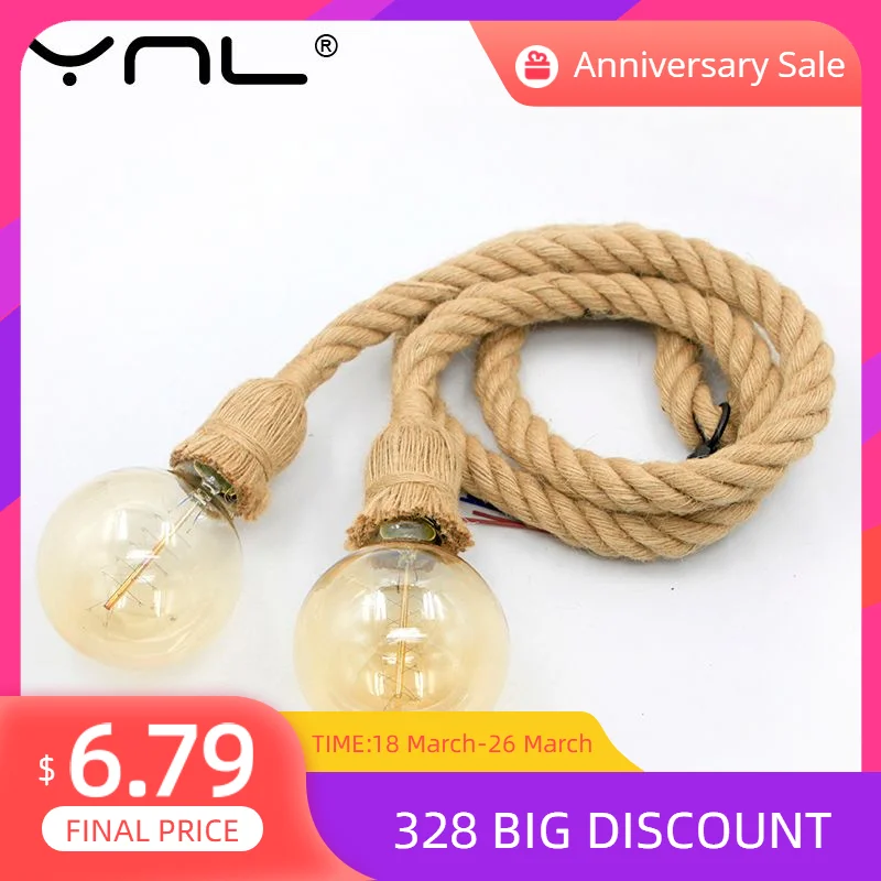 Vintage Hemp Rope Pendant Lights 5M 4M 3M 2M 1M Loft Retro Industrial ...