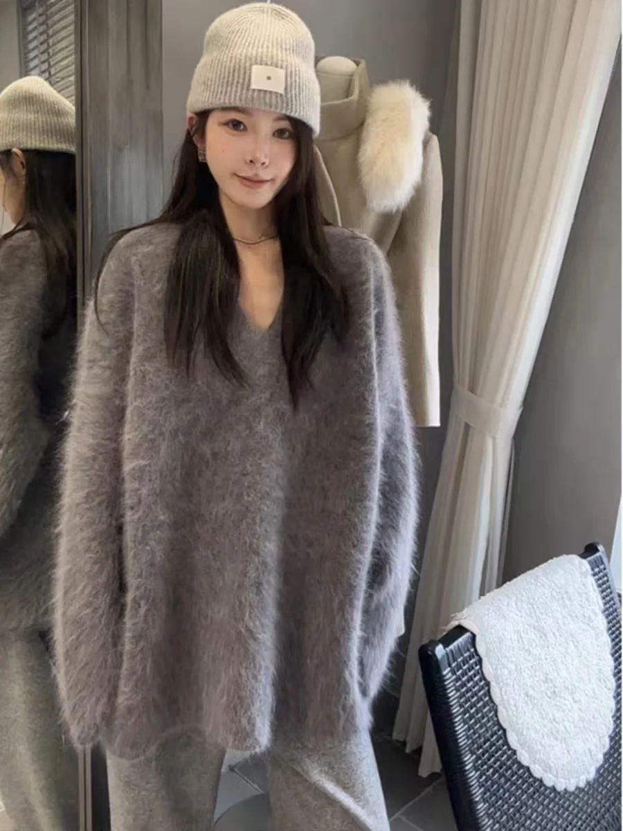 Gray-Soft-Fluffy-Sweater-Women-s-Autumn-Winter-Thickened-V-neck ...