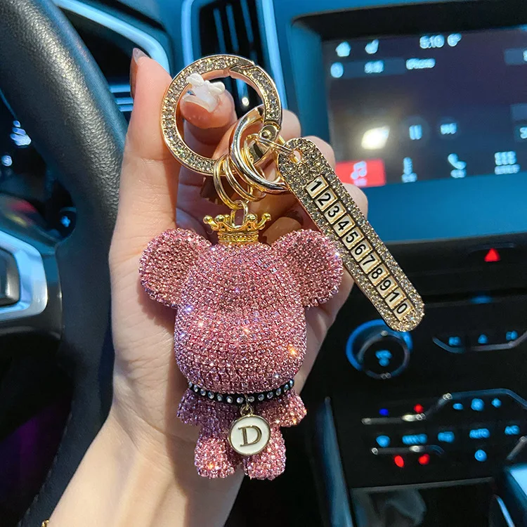 Handmade Craft Bear Keychain Cartoon Anti-lost Number Plate Rhinestones ...
