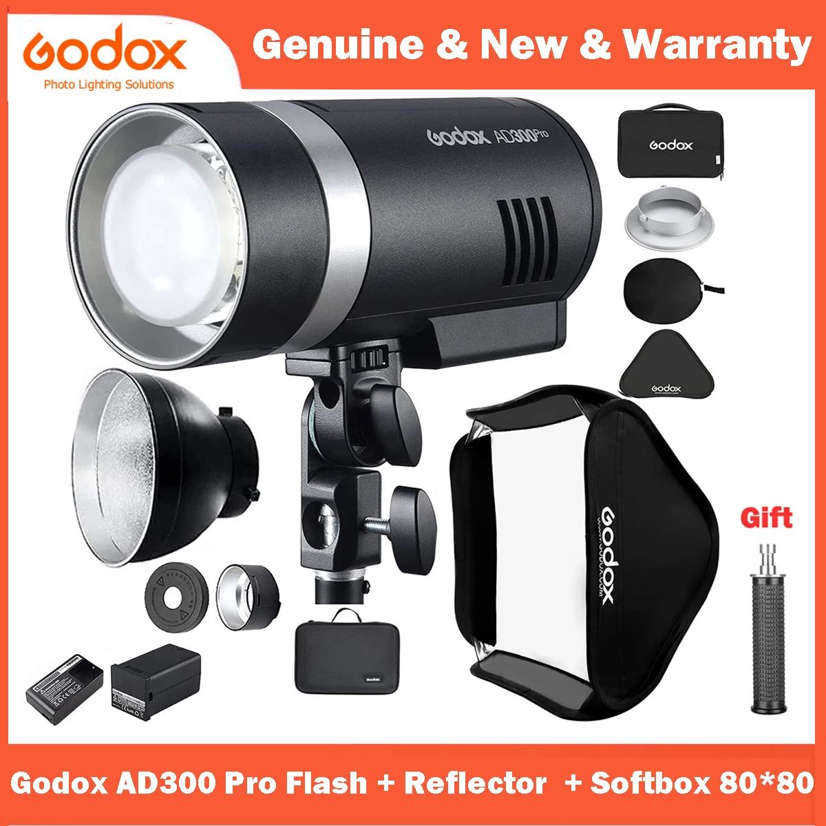 GODOX AD300 Pro 프로 야외 플래시 스트로브, 캐논, 소니, 니콘, 후지, 올림푸스, 파나소닉, 반사판 소프트박스 포함, 2600mAh 리튬 배터리 ...