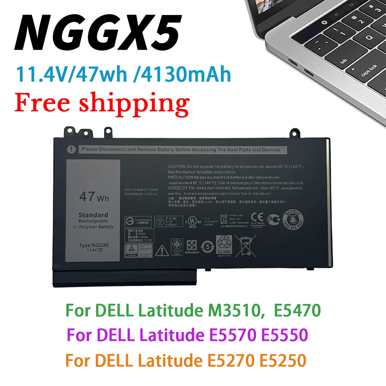 NGGX5 Laptop Battery For DELL Latitude E5270 E5470 E5570 E5550 E5250 ...