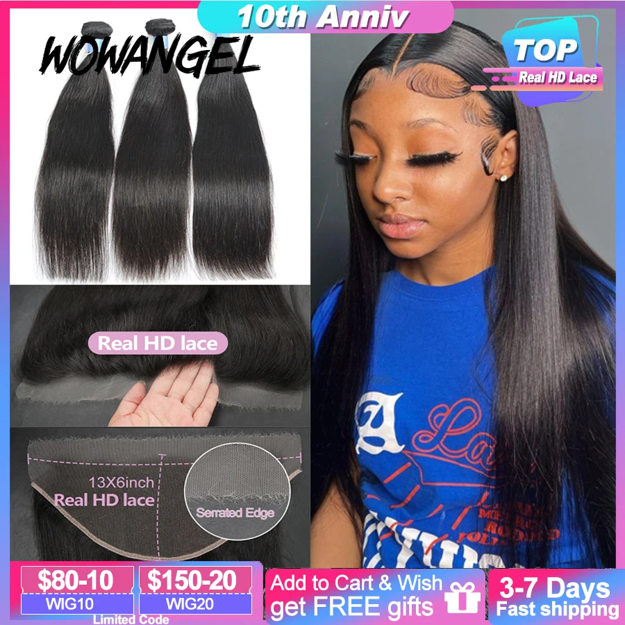 WOW ANGEL HD Lace Frontal With Bundles 32in Straight Brazilian Human Hair Bundles Hair Weave 3/4 ...