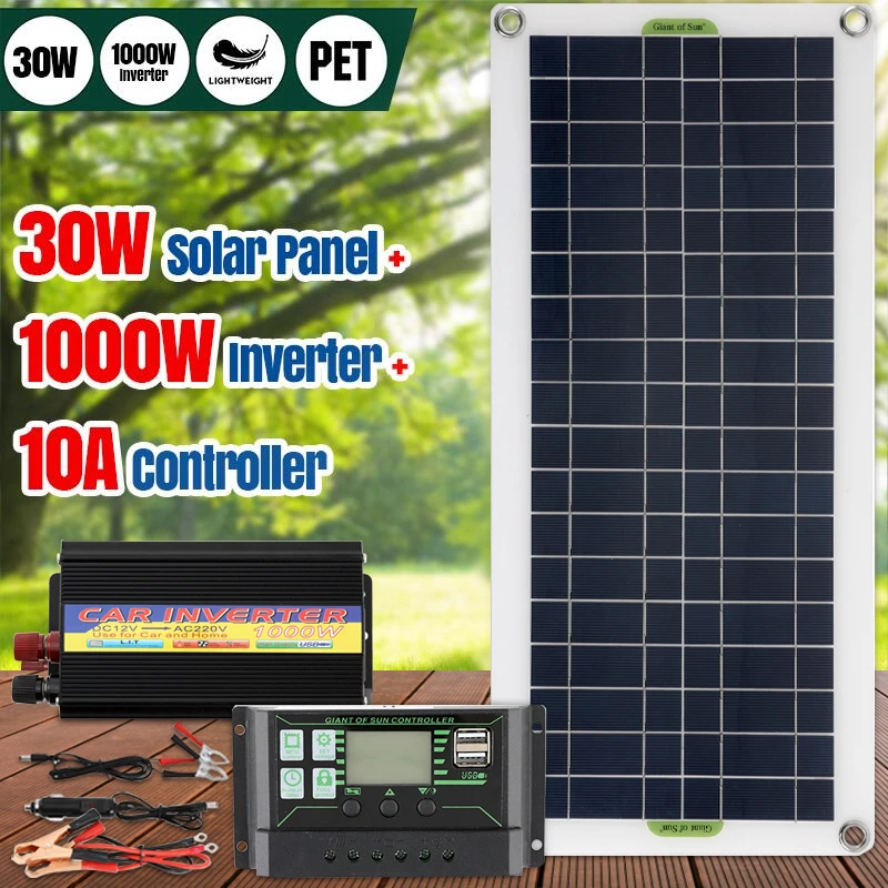 220V-Solar-Power-System-30W-Solar-Panel-Battery-Charger-1000W-220W ...