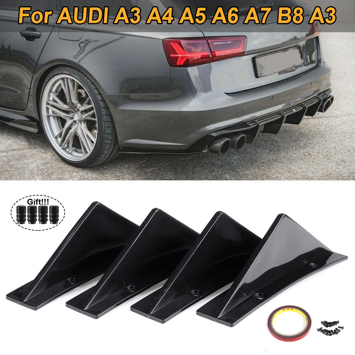 Curved Rear Bumper Shark Fins Diffuser Canards Splitter Body Kit Apron ...