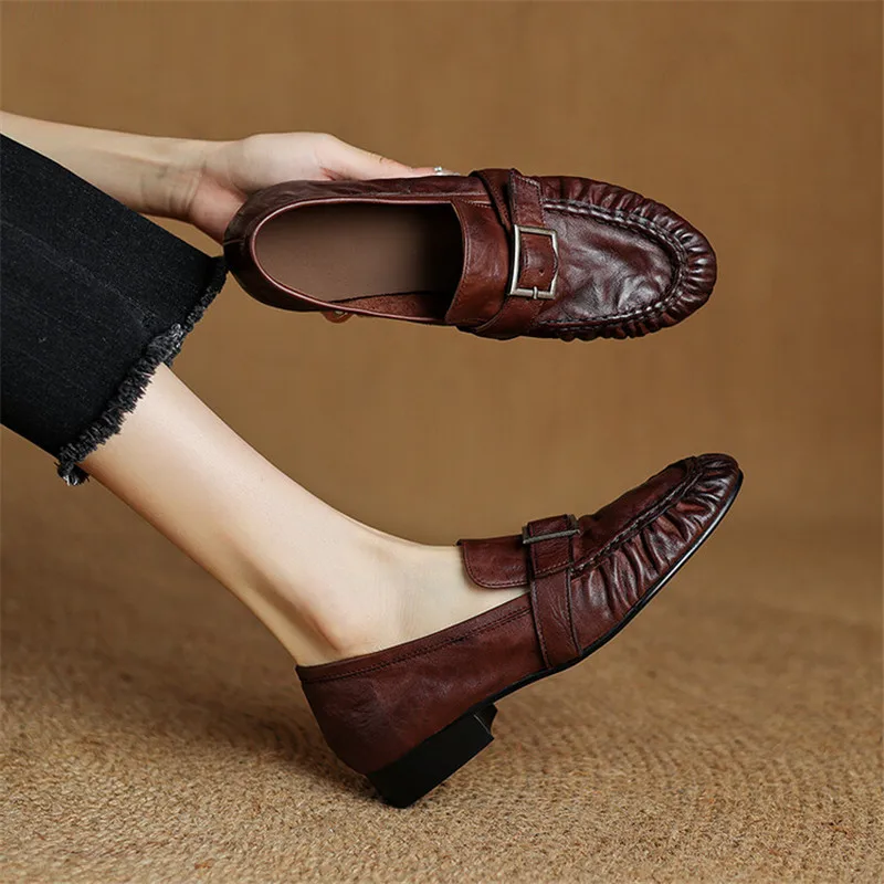 New Autumn Genuine Leather Women Pumps Fashion Pleated Round Toe Shoes ...
