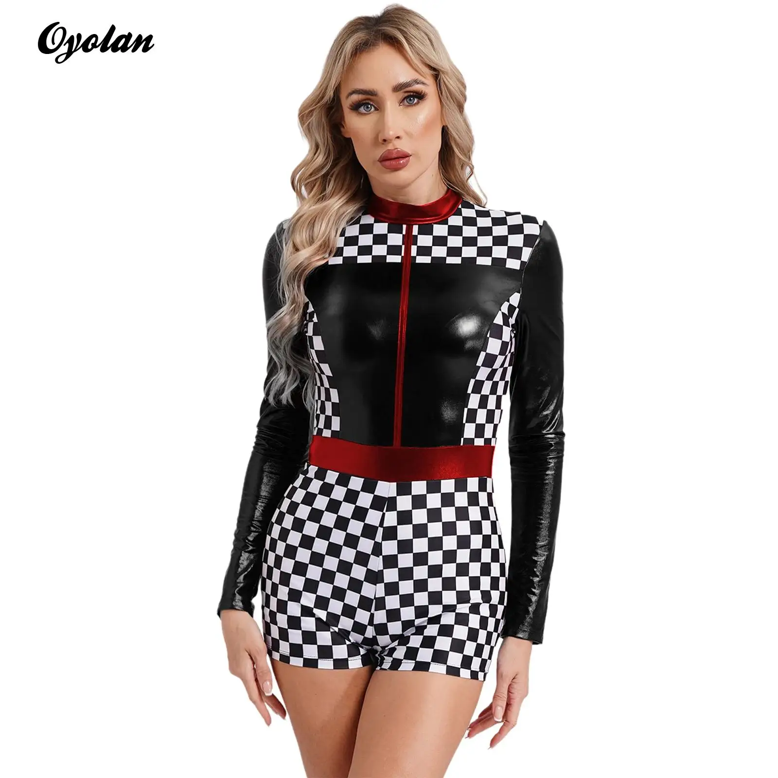Womens-Contrast-Racer-Romper-Cosplay-Outfit-Bodysuit-Long-Sleeve ...