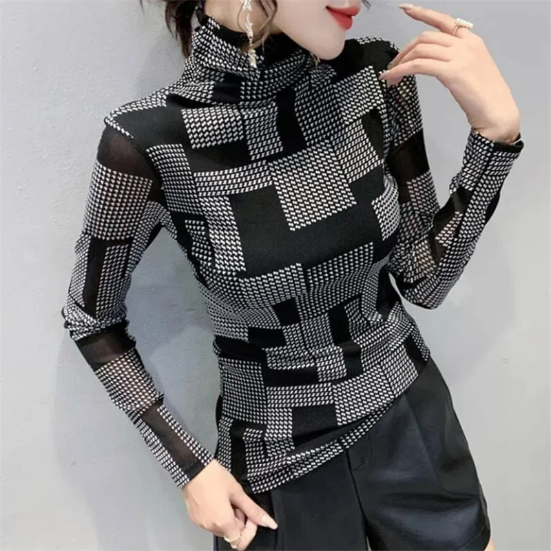 Thin Mesh Bottoming Top Women T-shirt Fashion Print Half High Collar T ...