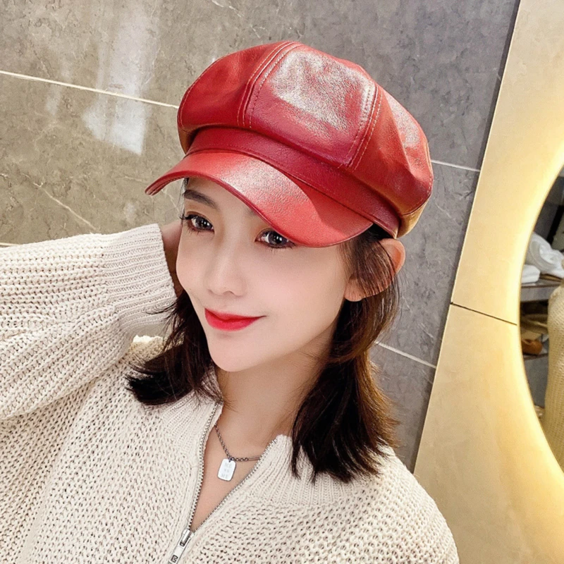 Fashion-Solid-Color-Octagonal-Cap-Hats-Female-Autumn-Winter-Leather ...