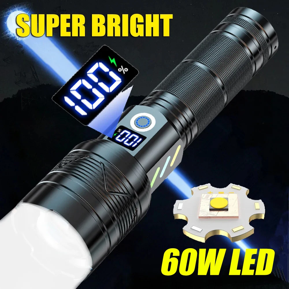 Powerful-60W-LED-Flashlight-USB-Rechargeable-Tactical-26650-Torch-with ...