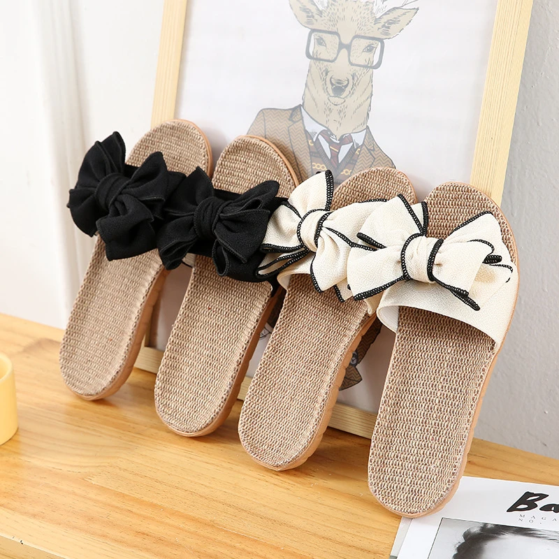 Women Summer Casual Slides Comfortable Flax Slippers Striped Bow Linen ...