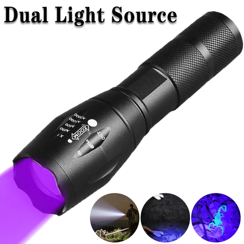 Purple White Dual Light Flashlight Led Ultraviolet Torch Zoom ...