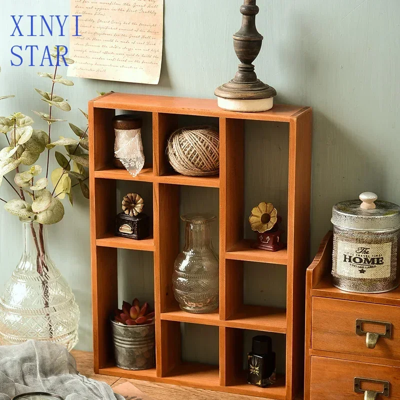 Solid Wood Wall Hanging Storage Shelf Nine Lattice Hollow Out Living ...