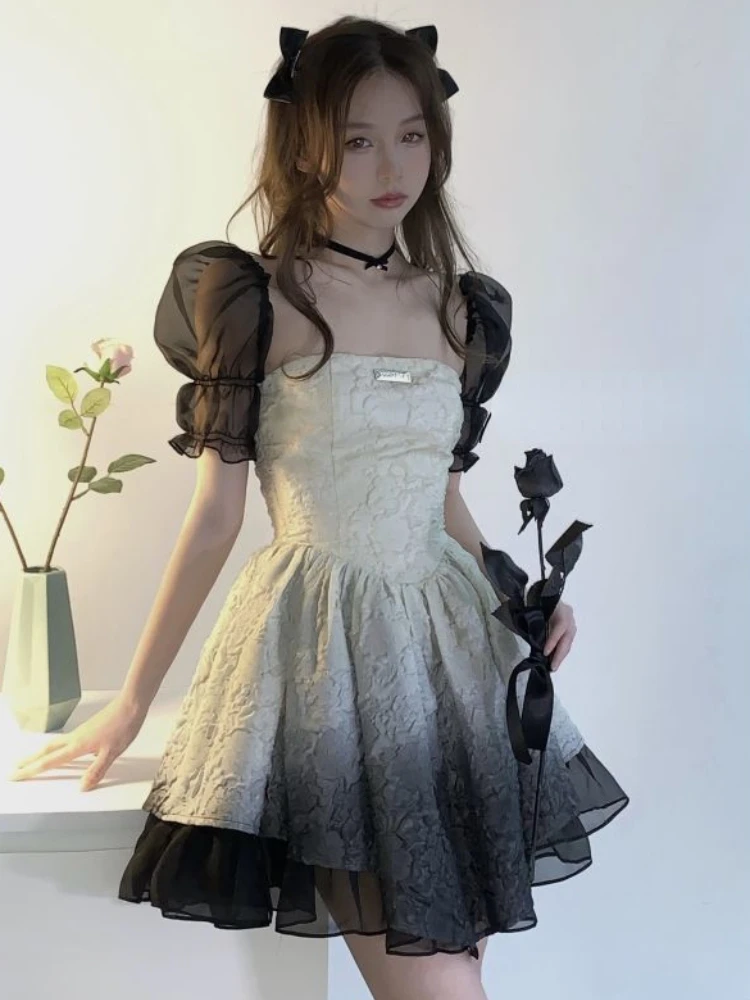여성용 그라데이션 컬러 투투 드레스 메쉬 퍼프 슬리브 하이 웨이스트 하라주쿠 로브 한국 파티 여성 스위트 드레스