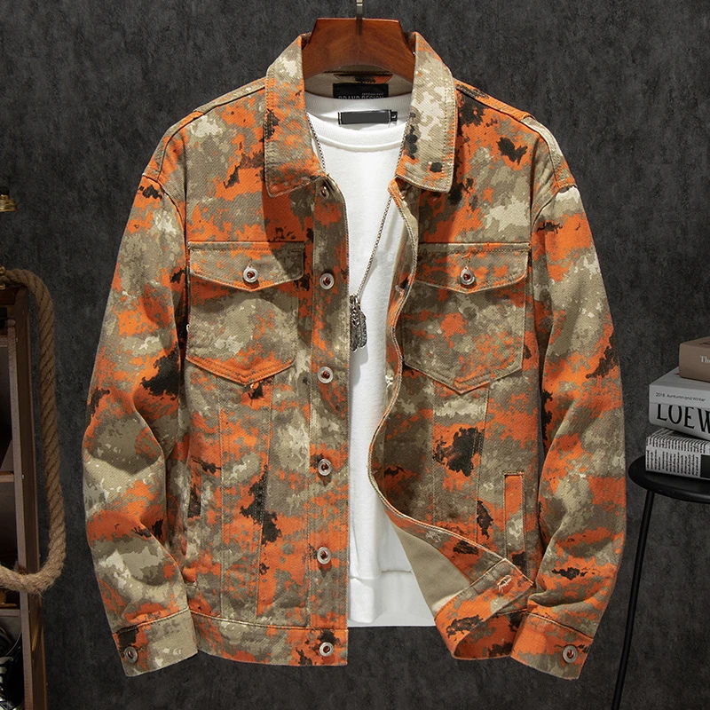 EH·MD® Orange Camouflage Denim Jacket Men Slim Fit Cotton Metal Button ...