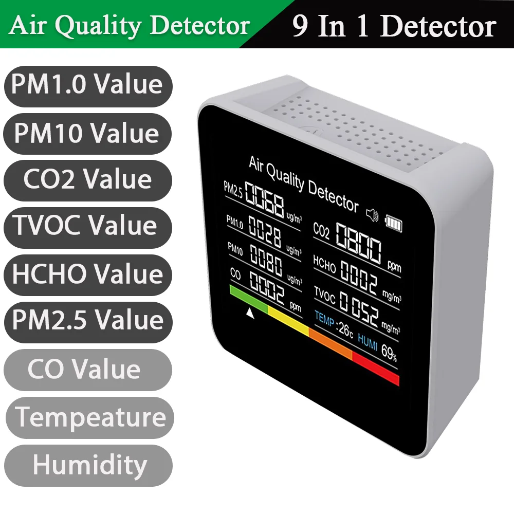 9 in 1 Air Quality Monitor CO2 Meter Carbon Dioxide Detector CO2 CO TVOC HCHO PM2.5 PM1.0 PM10 ...
