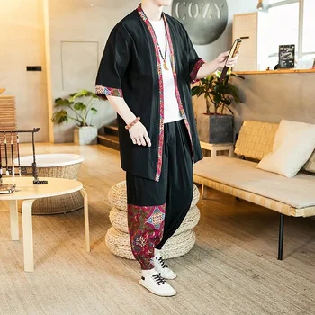 Traditional Chinese Clothing Vintage Kimono Haori Pants Set Men Traditional Harajuku Streetwear ...