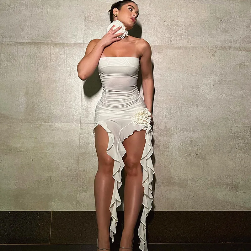 Ruffle Tassels Fadas Vestidos Sexy Fora Do Ombro Irregular Branco