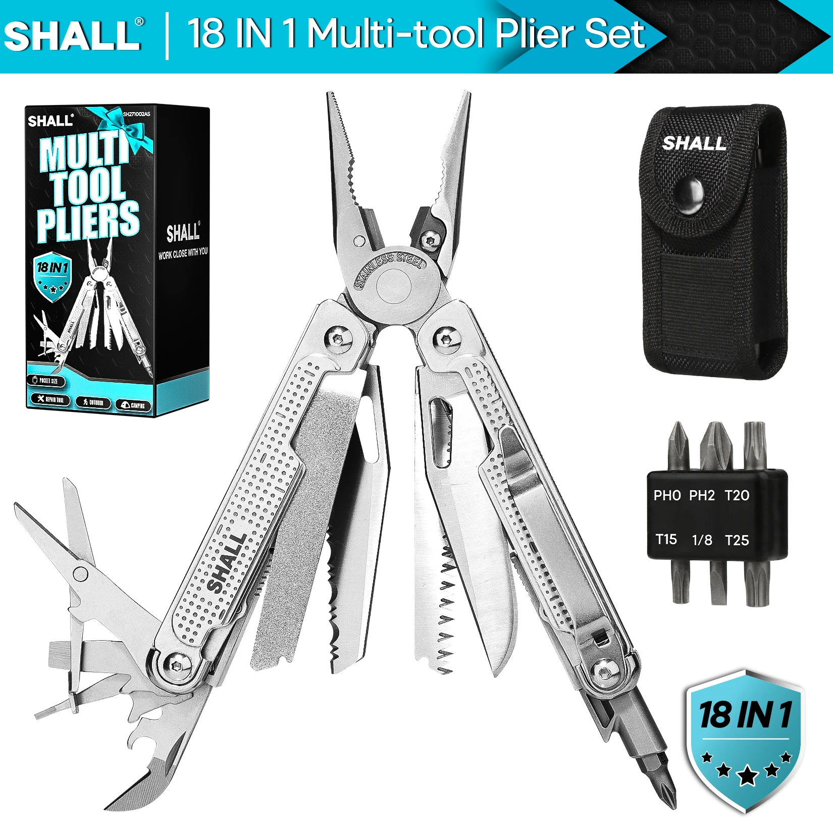 SHALL Camping Multitool 18 in 1 MultiPlier Folding Plier Wire Stripper ...