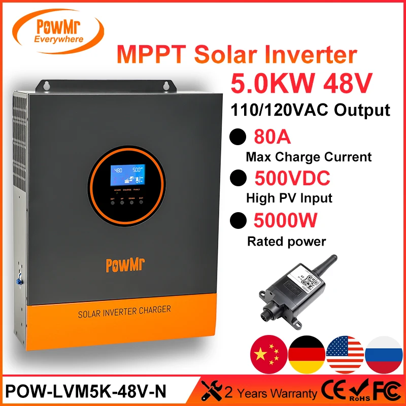 PowMr 5000W 110/120VAC Output MPPT Hybrid Solar Inverter PV 500VDC With ...