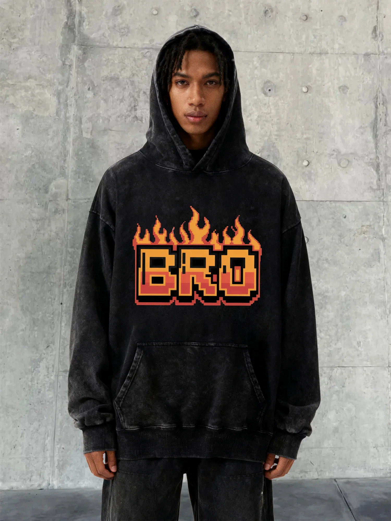 Flame Bro Man 400g Heavyweight Washed Hoodie Drop Shoulder Design Aw ...