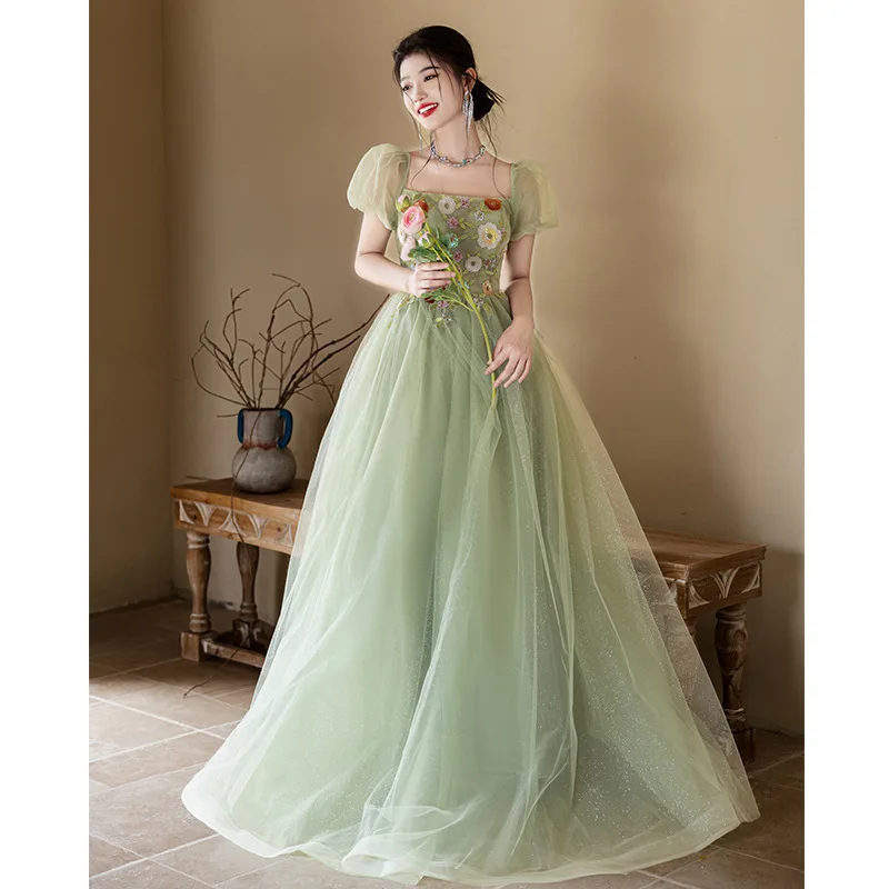 New Women's Summer Mint Green Square Collar Flower Embroidered Evening ...