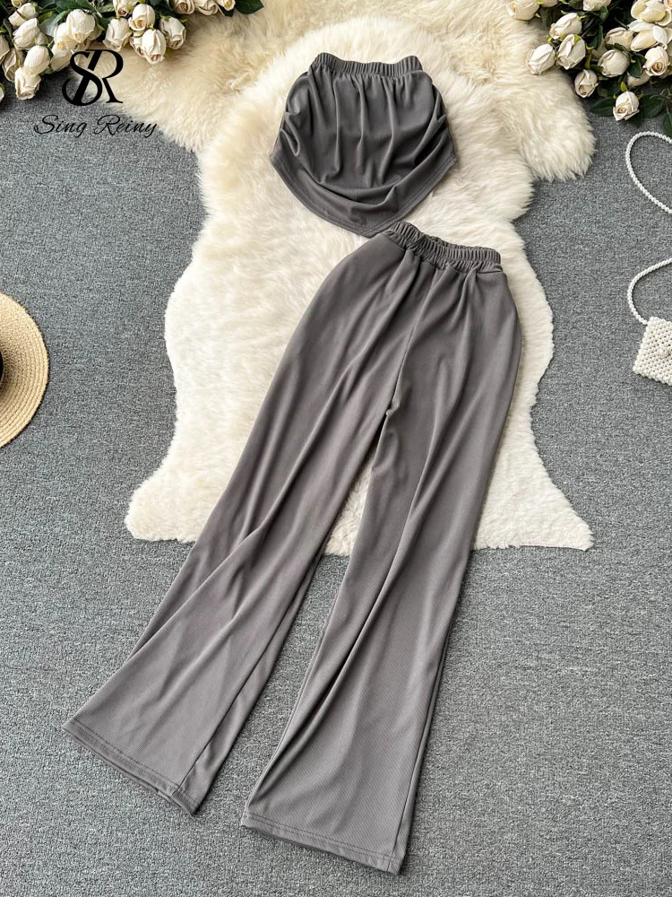 Singreiny Summer Casual Two Pieces Sets Women Strapless Slim Tops Wide