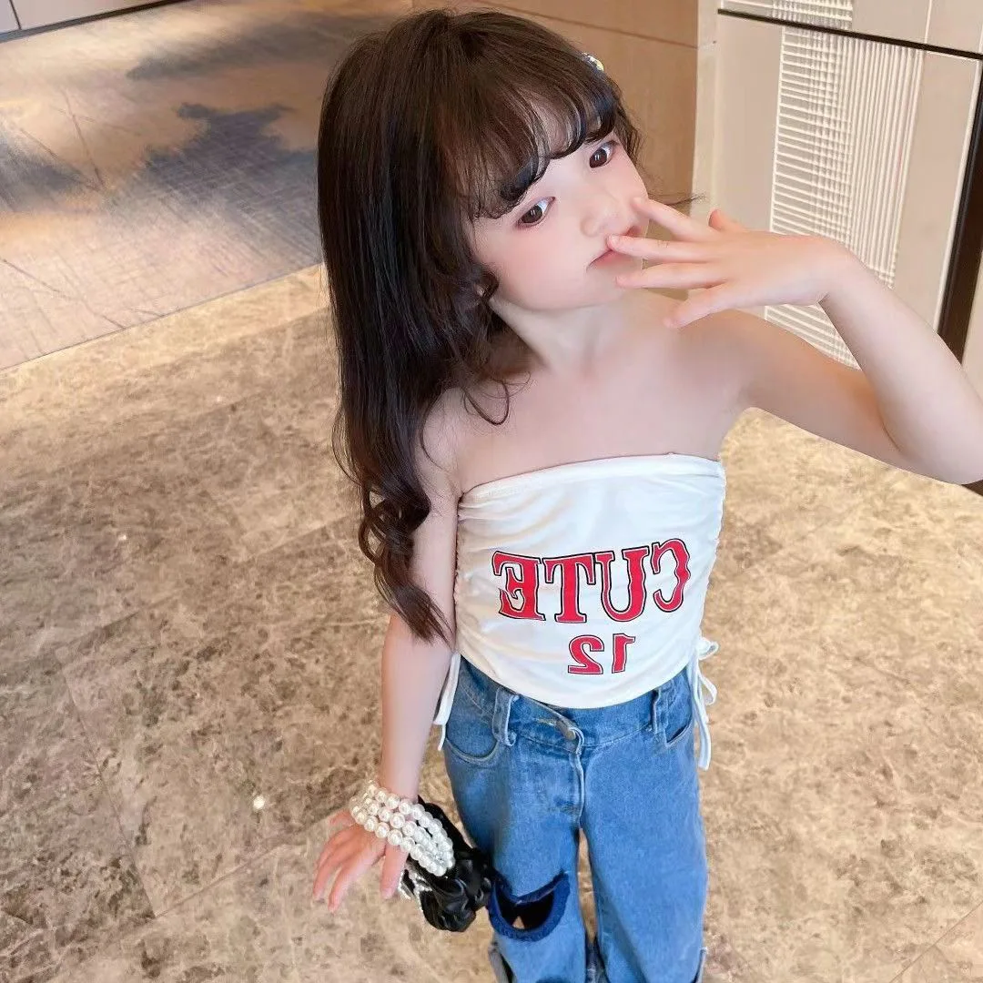 baby girls summer bandeau off the shoulder crop tops children Korean ...