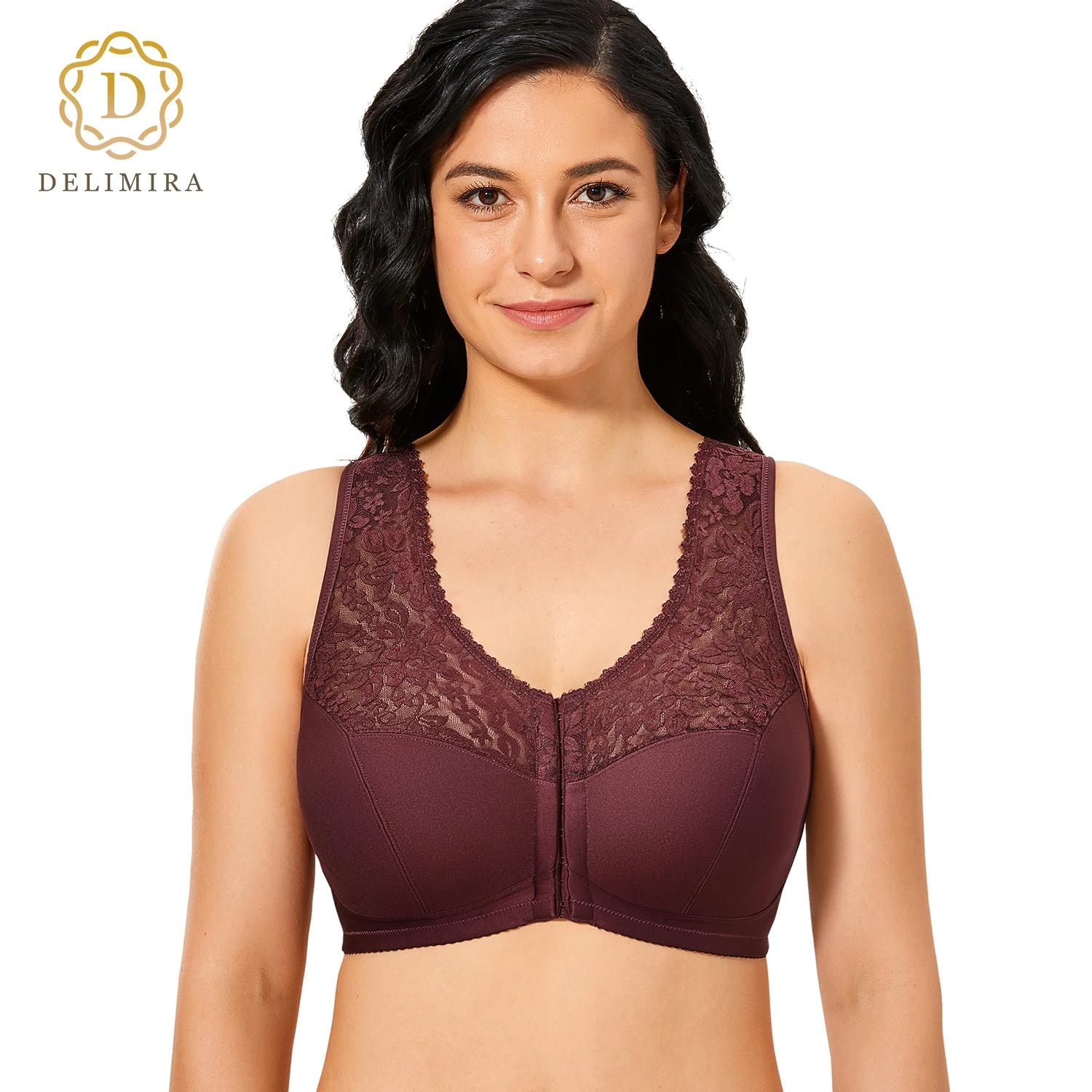 Delimira Women's Front Closure Full Figure Wirefree Racerback Lace Plus Size Bra|plus size bra ...
