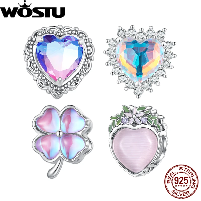 WOSTU 925 Sterling Silver Heart Gradient Beads Pink Heart Clover Pendant For Women Fit Original ...