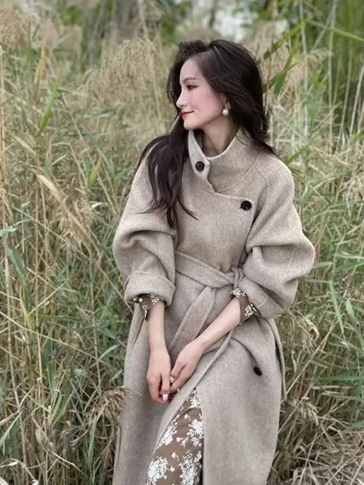 Women's Winter Vintage Long Wool Coat Jacket with Belt Stand Collar ...