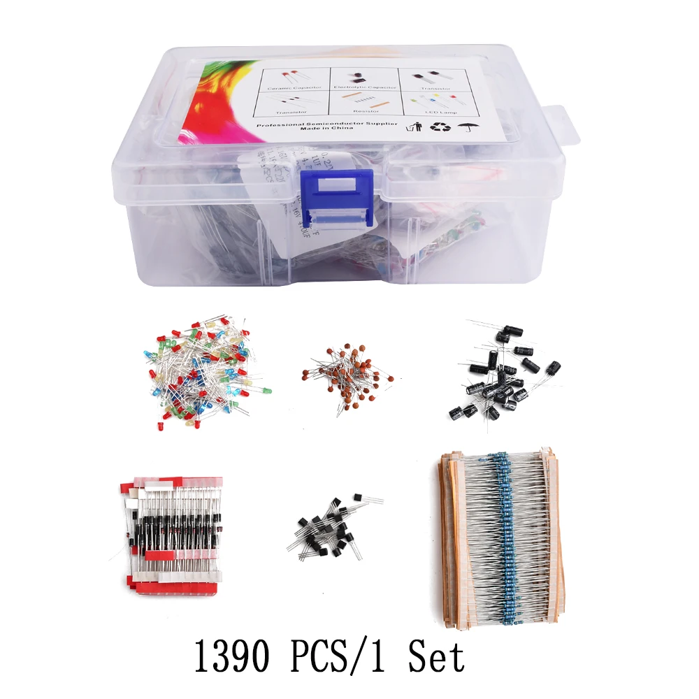 1390Pcs Electronic Components Kits 1/4W Metal Film Resistor 3mm LED Diodes Electrolytic ...