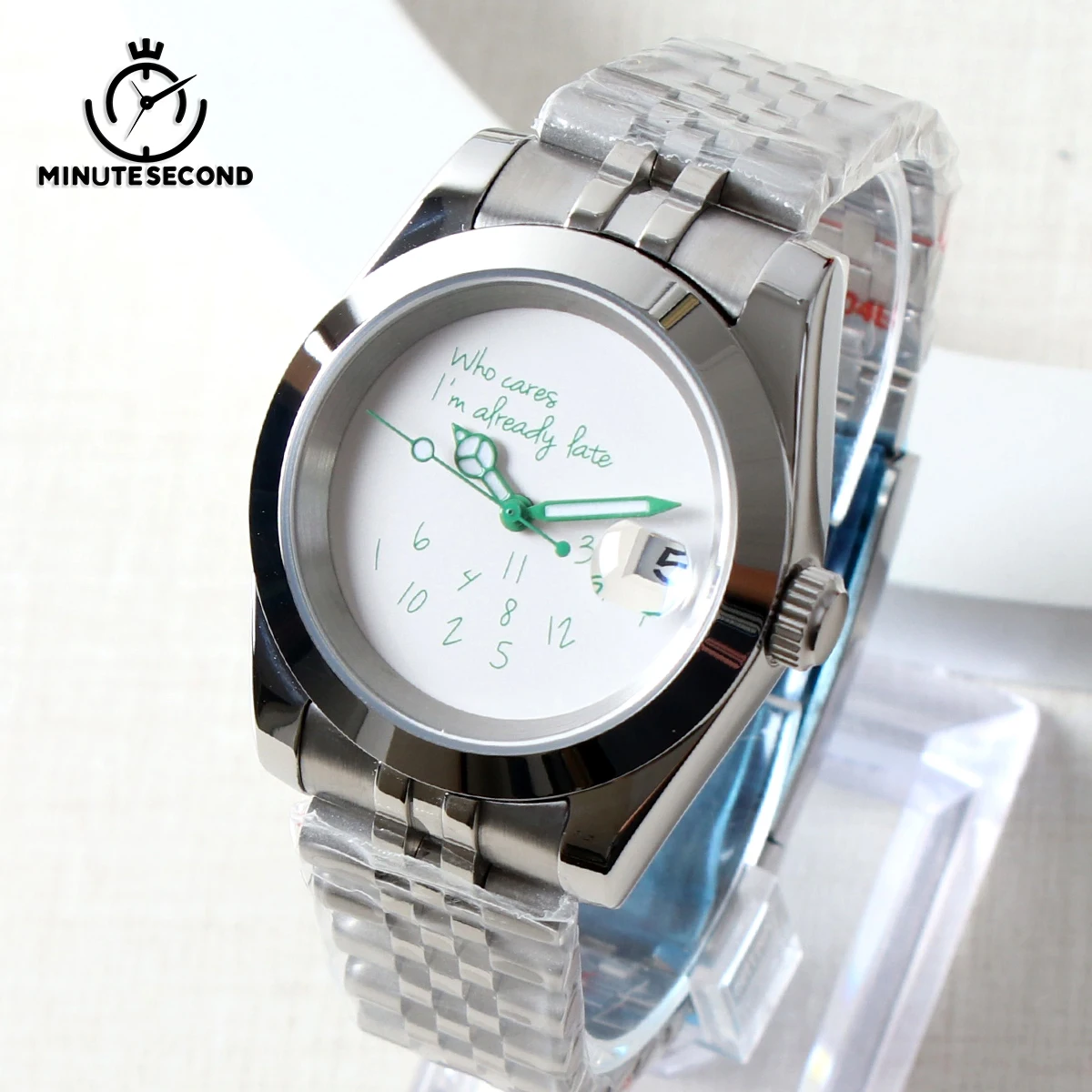 MINUTESECOND-NH35-Watch-Green-Dial-Who-cares-I-m-already-late-Silver ...