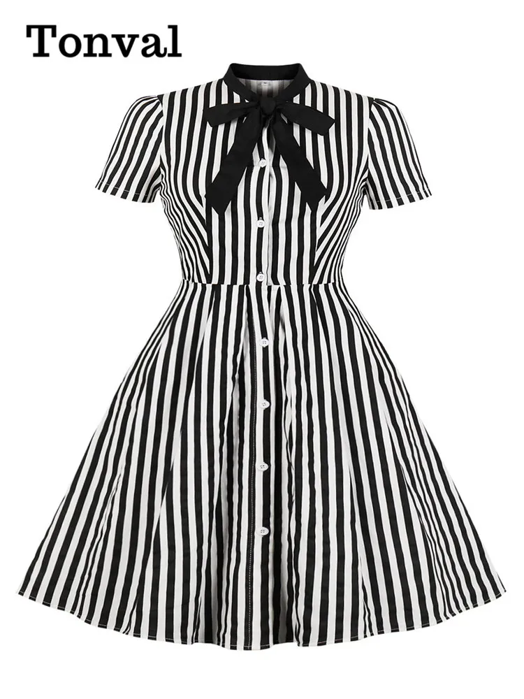 Tonval-White-and-Black-Stripes-Bow-Neck-Cotton-Rockabilly-Dresses-for ...