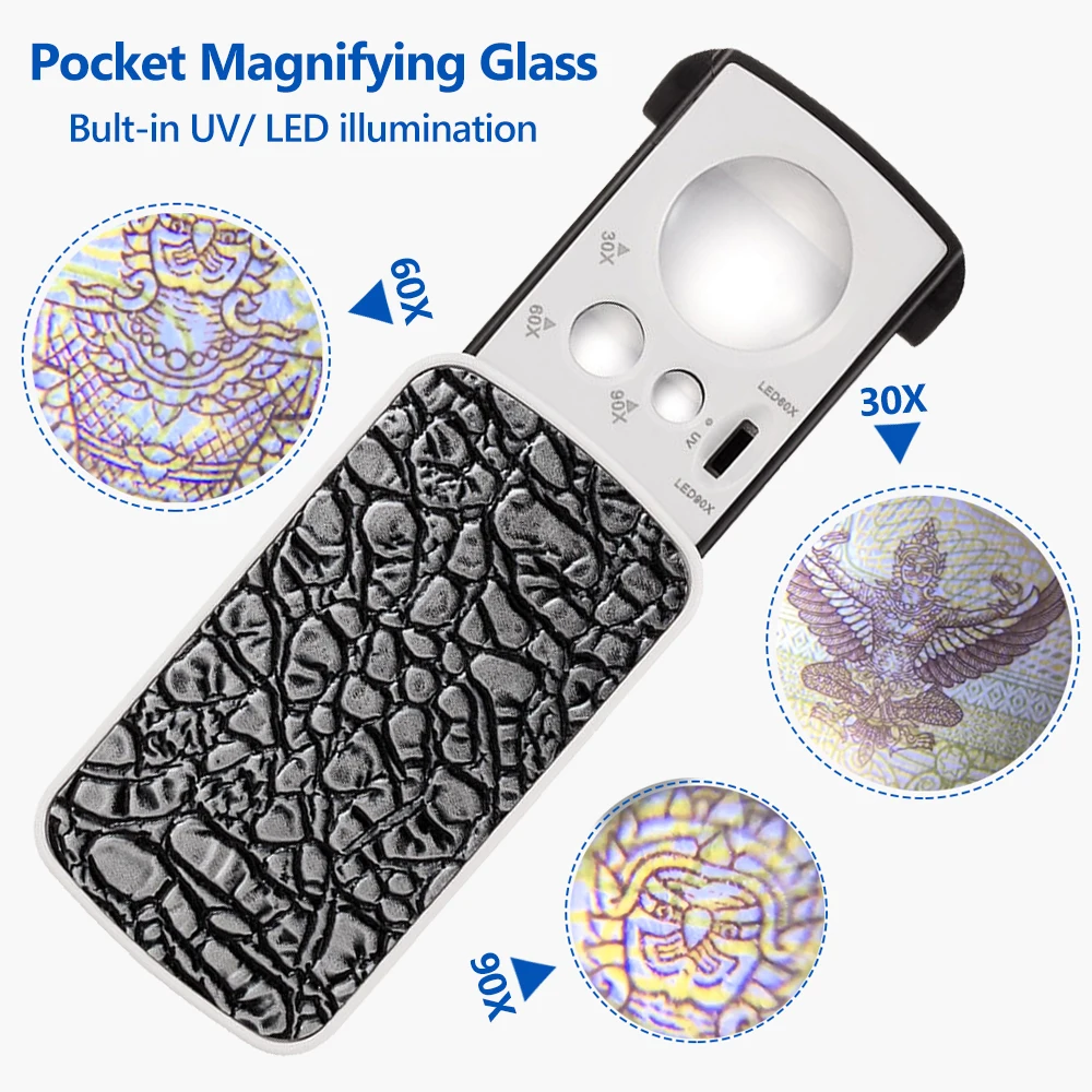 Jewelry Magnifying Glass 30X 60X 90X Mini LED Magnifying Glass Jeweler ...