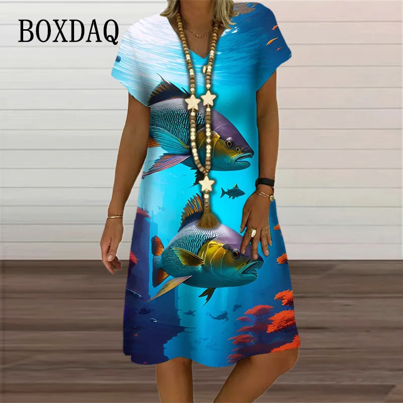 Casual-V-Neck-Women-Dress-Ocean-3D-Fishing-Pattern-Printed-Short-Sleeve ...