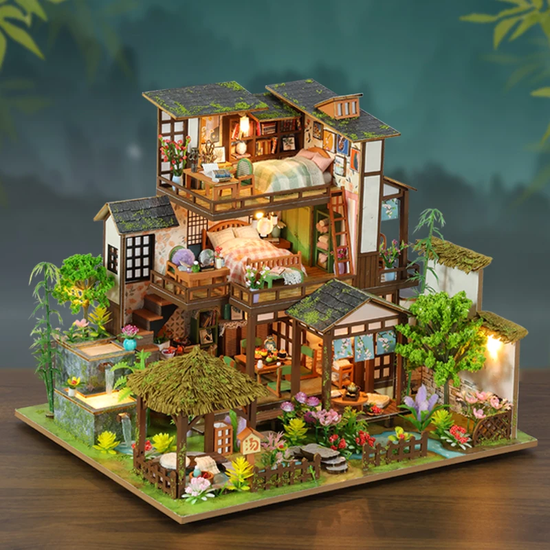 NEW-DIY-Wooden-Doll-House-Bamboo-Spring-Courtyard-Casa-Miniature ...