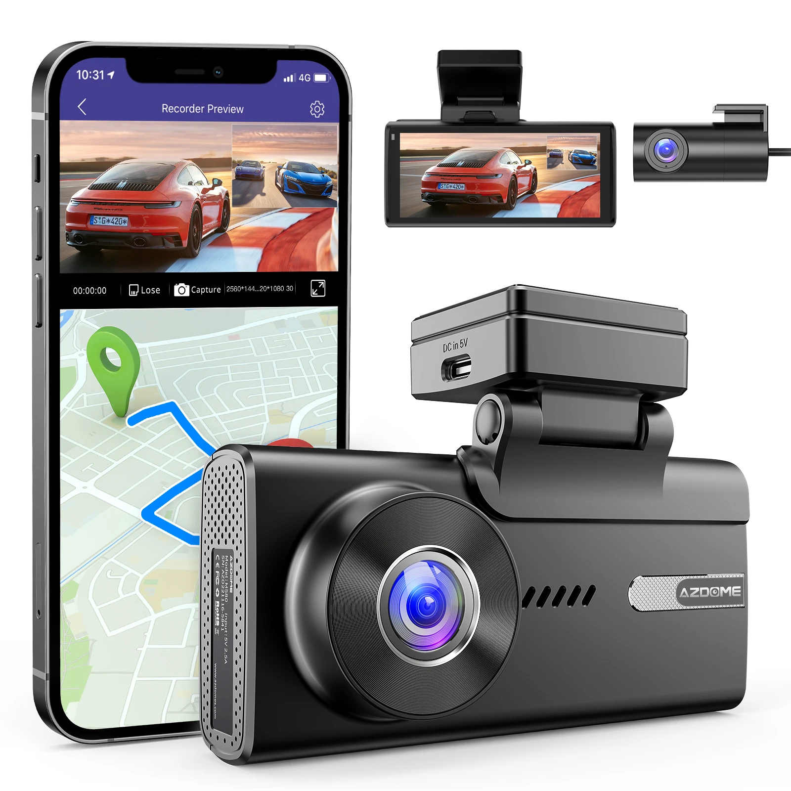 AZDOME-M580-2CH-5K-Front-and-Rear-4k-Dash-Cam-Built-in-GPS-Car-Black ...
