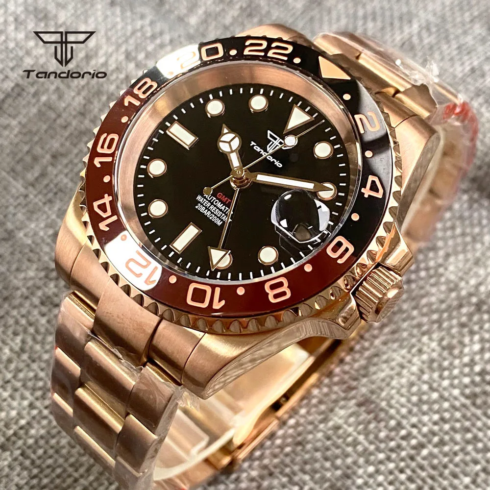 Tandorio Rose Gold Coated 200M GMT NH34A Men Automatic Dive Watch 120 ...