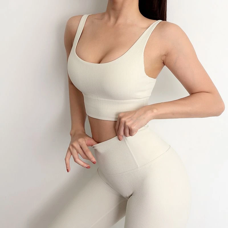 Ribbed Women Tracksuit Seamless Yoga Set Sports Gym Workout Suit 2 Two Piece Crop Top Bra ...