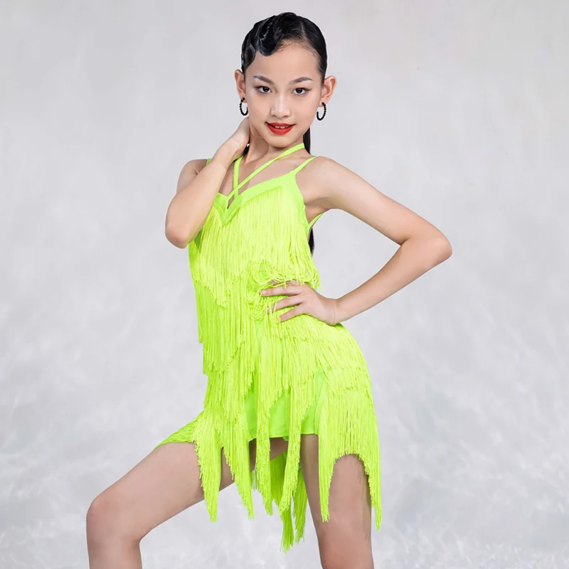 Tassel Latin Dress Girls Ballroom Practice Wear Stage Costume Fringe ...