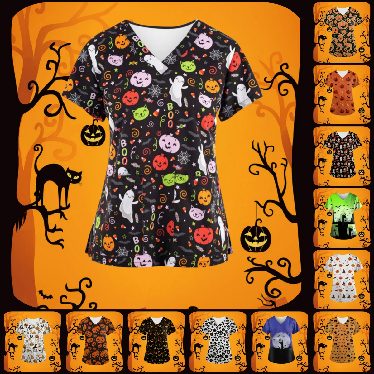Halloween-Scrubs-Medical-Uniform-Scary-Pumpkin-Head-Print-Curable ...