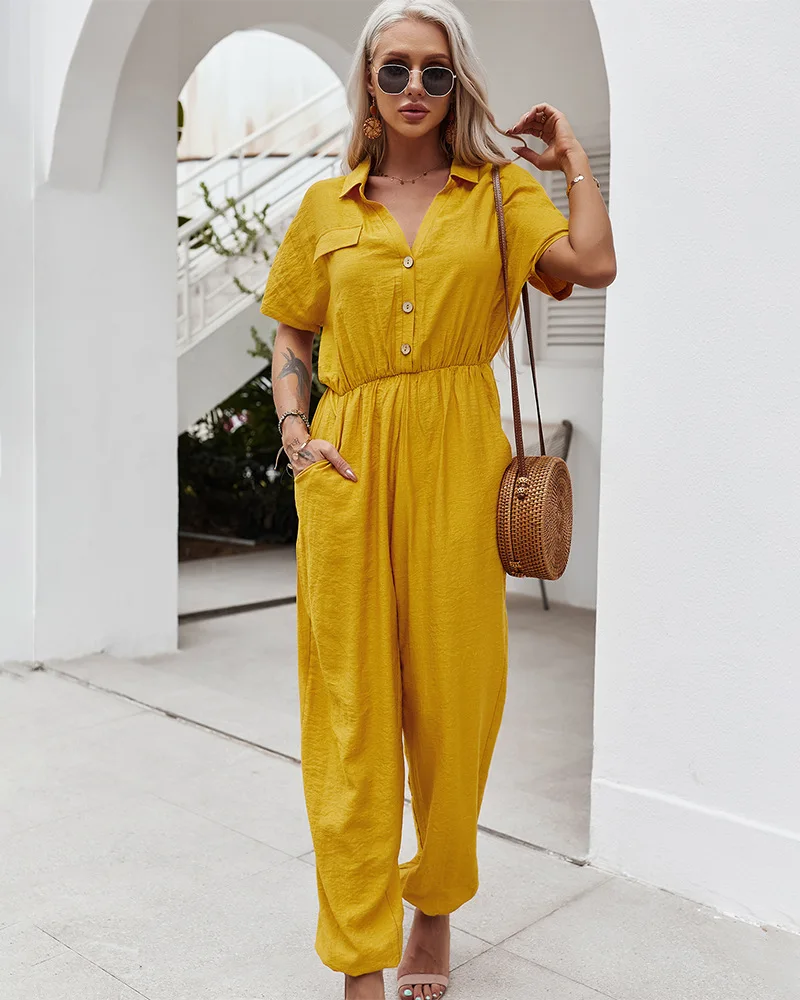 2024-Woman-Bohemian-Jumpsuits-Sexy-V-Neck-Streetwear-Blue-Yellow-Solid-Colors-Short-Sleeve ...