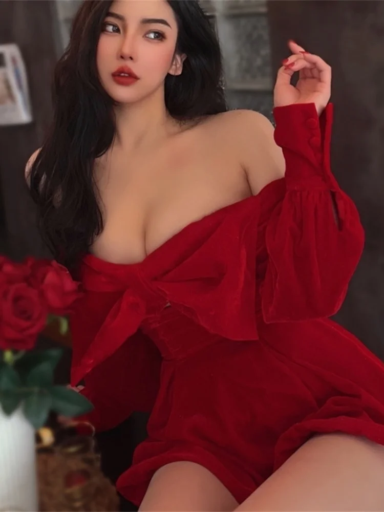 4XL 2022 WOMENGAGA High Quality Sexy Bodysuit Streetwear Women French Slash Neck Bow Velvet Long ...