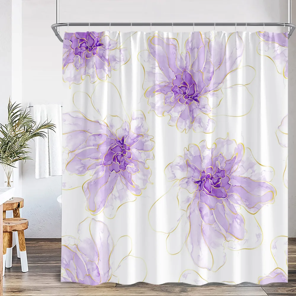 Watercolor-Colorful-Flowers-Shower-Curtains-Blossom-Golden-Line-Pink ...